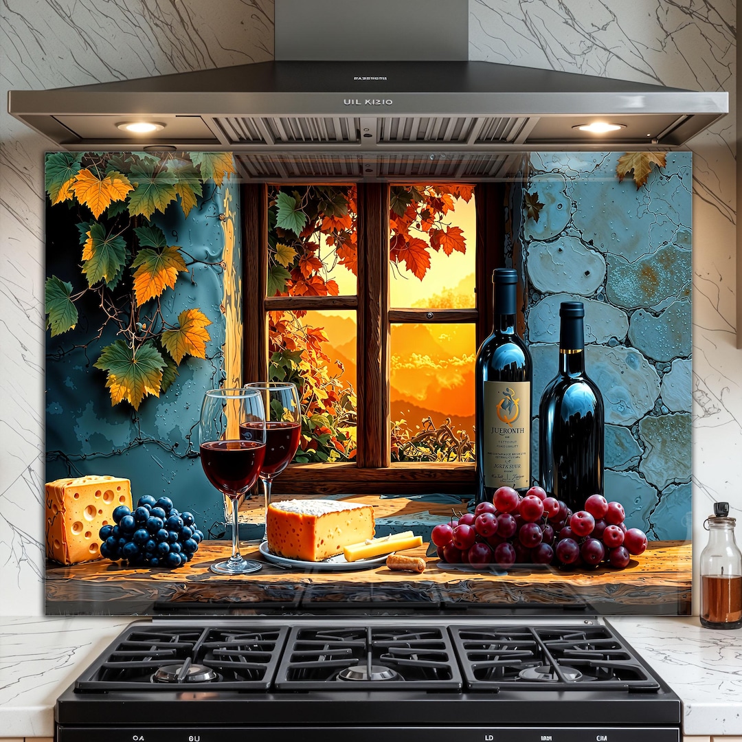 Autumn Vineyard Tempered Glass Kitchen Backsplash: Rustic Wine Art - Etsy