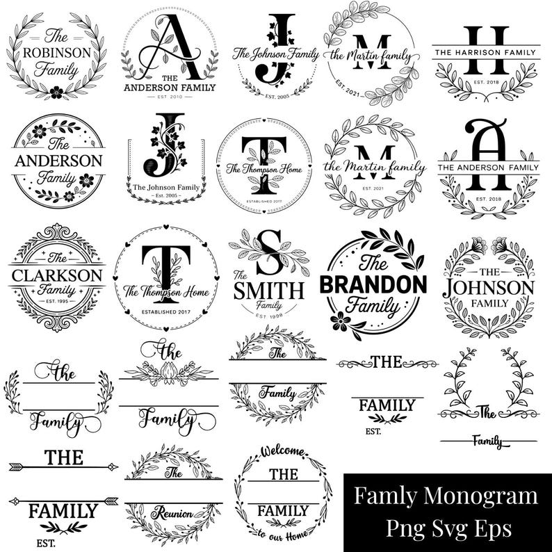 Family Name Monogram SVG Bundle: Floral Split Monogram Frames (digital ...