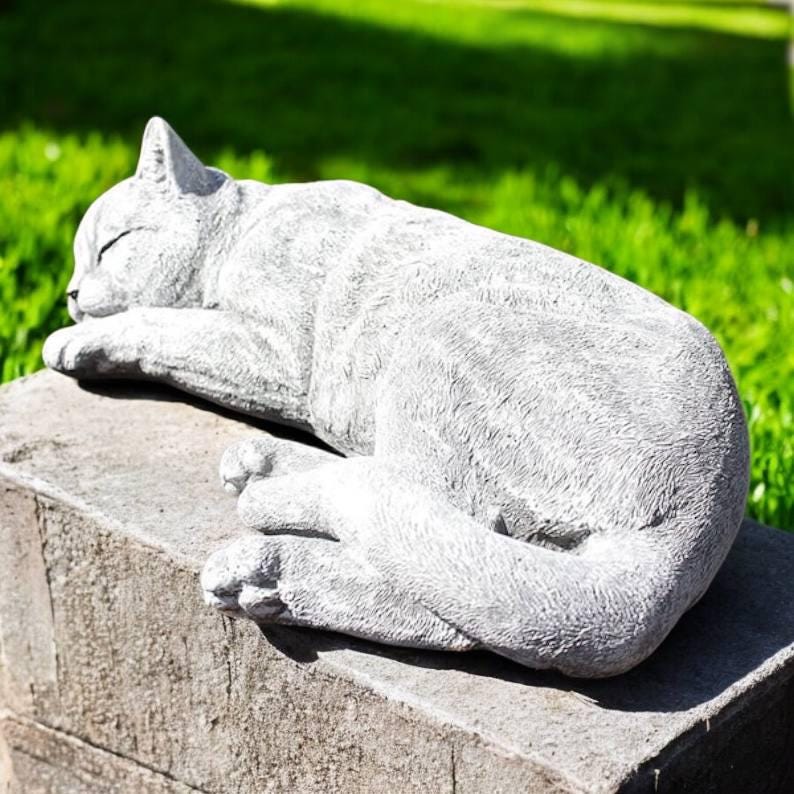 Cement Cat Statue, Lawn Pet Decoration, Kitten Garden Design, Sleeping ...