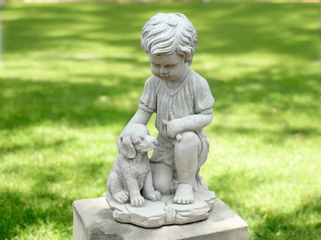 Boy With Dog Statue, Lawn Kid Idea, Garden Child Decor, Stone Boy ...
