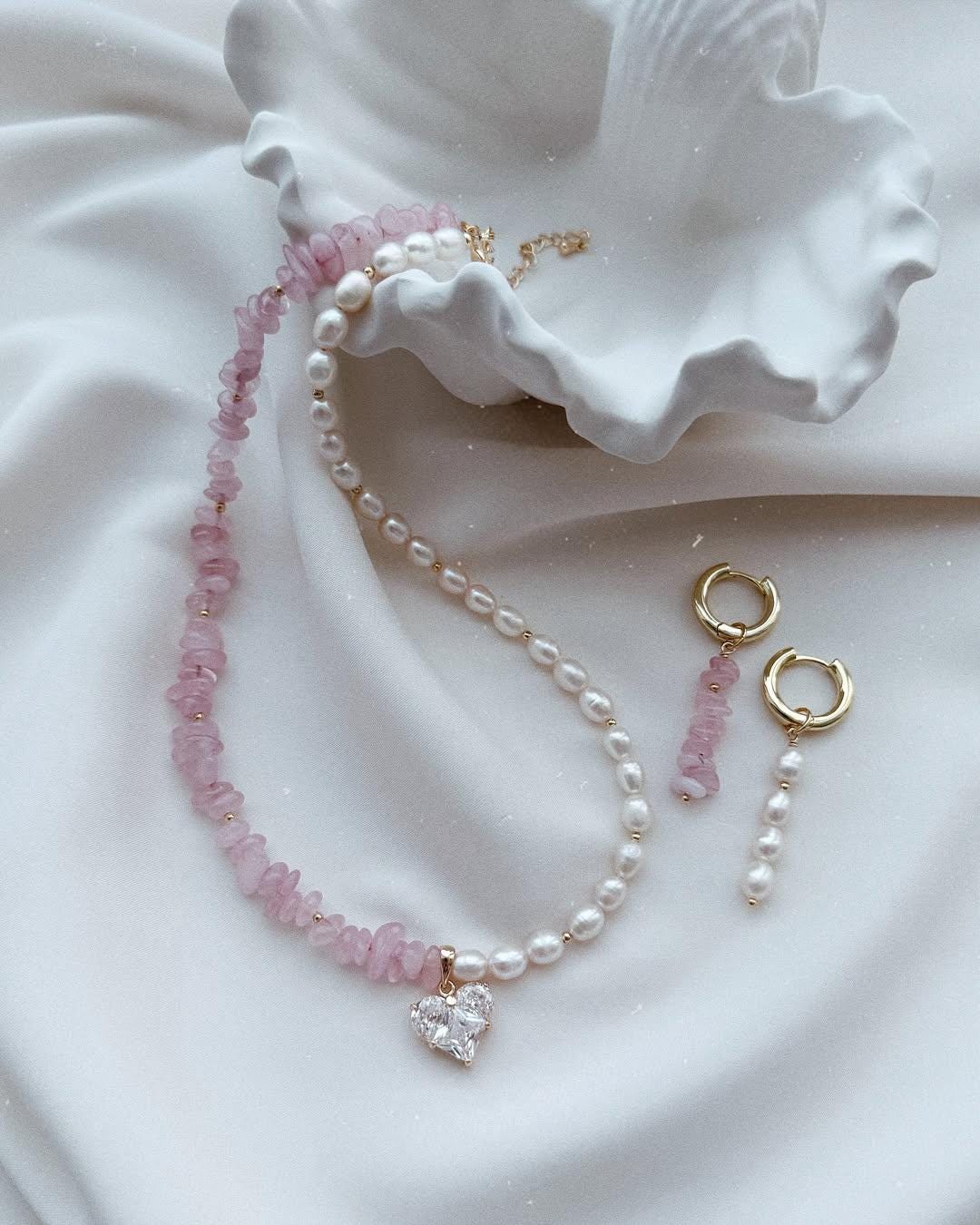 Freshwater Pearl and Rose Quartz Jewelry Set: Natural Gemstone Necklace ...
