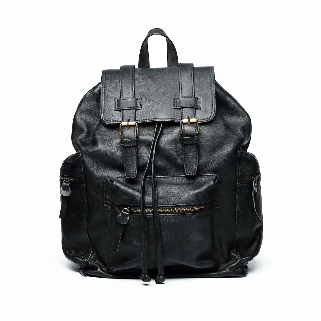 Pure Cowhide Black Leather Backpack - Handmade Black Leather Rucksack ...