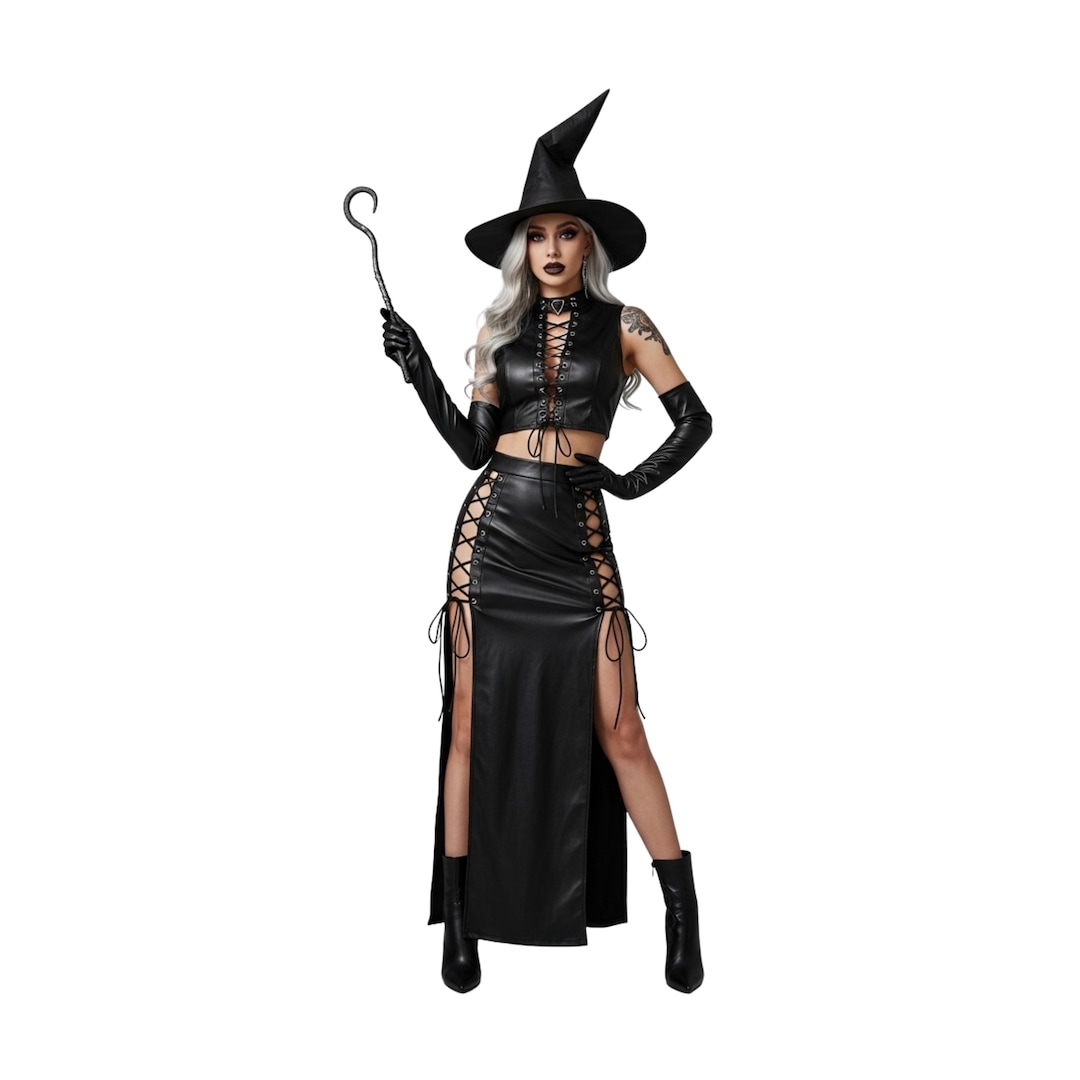 Handmade Leather Witch Costume: Lace-up Crop Top & High-slit Skirt - Etsy