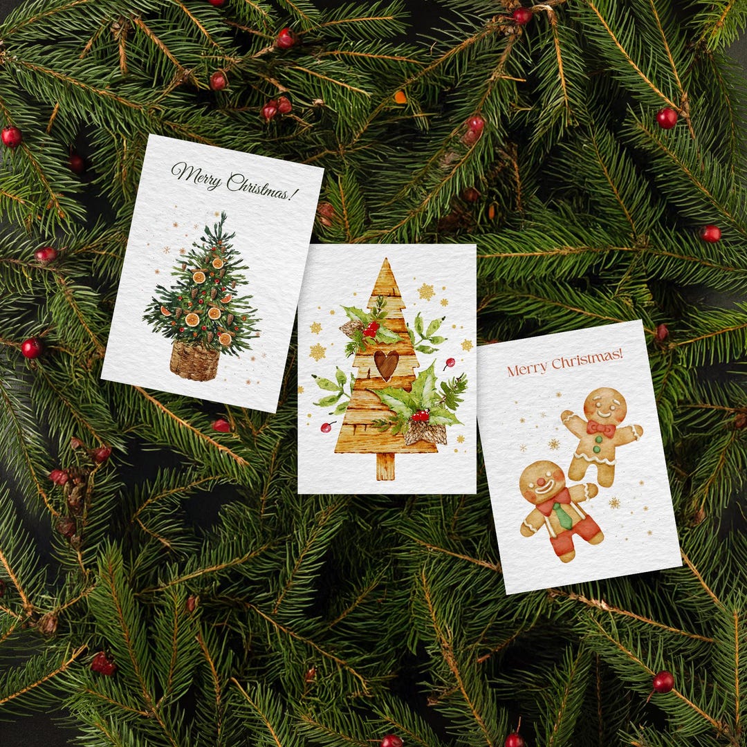 Rustic Christmas Card Set | Watercolor Holiday Cards 3-pack | Editable ...