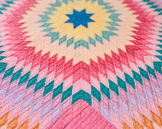 Vintage 1930s–1940s Lone Star Quilt – Fine Small-diamond Star of ...