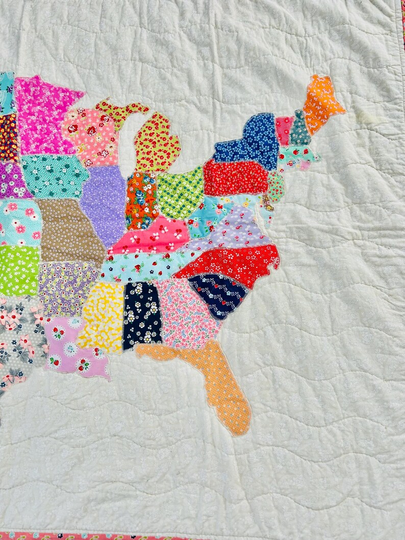 Vintage United States Map Quilt – 1990s Folk Art Patchwork - 37.5" X 55 ...