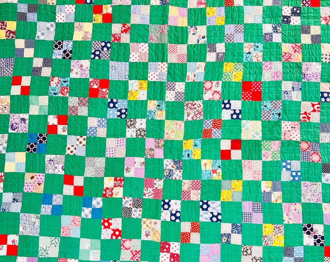 Vintage 1930s Four Patch Quilt | Green & Scrappy Depression Era ...