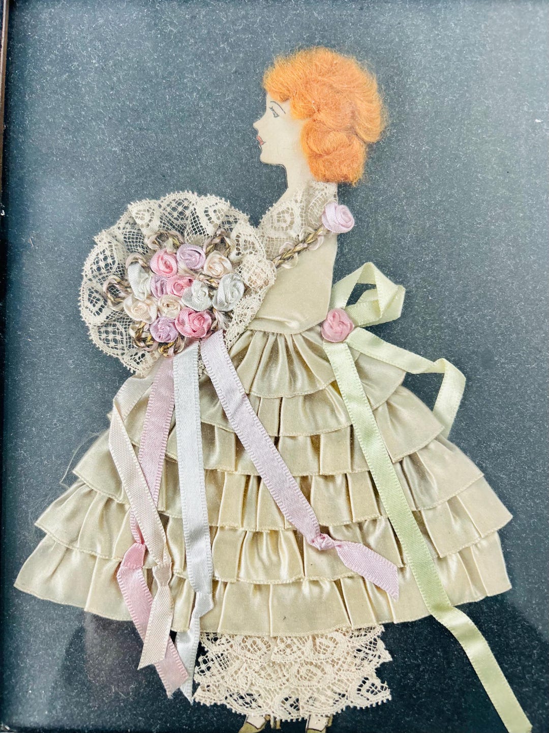 Framed Antique Ribbon Art Paper Doll; Red Headed Lady; Paper Doll ...