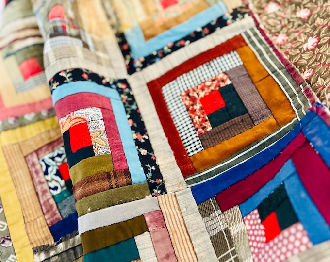 Antique 1880s Log Cabin Quilt: Primitive Wool & Cotton Courthouse Steps ...