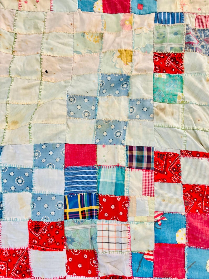 Vintage 1930s Postage Stamp Quilt Fragment; Hand-stitched Depression ...