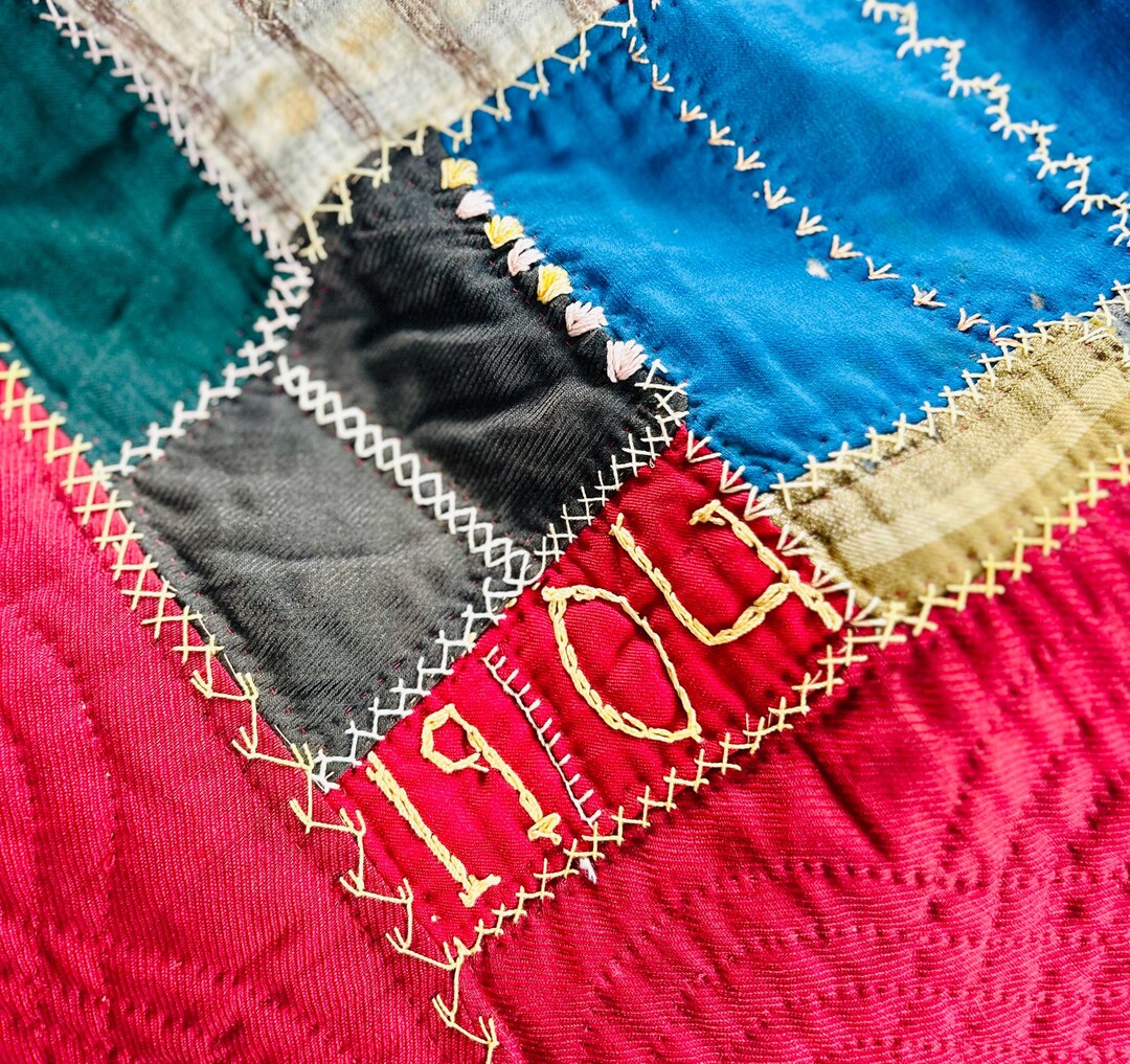 Antique Victorian Crazy Quilt, Initialed and Dated 1904, 78