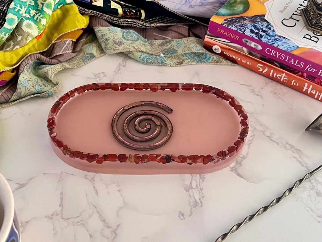 Pink Resin Altar Tray With Reiki Spiral and Jasper Crystal Border ...