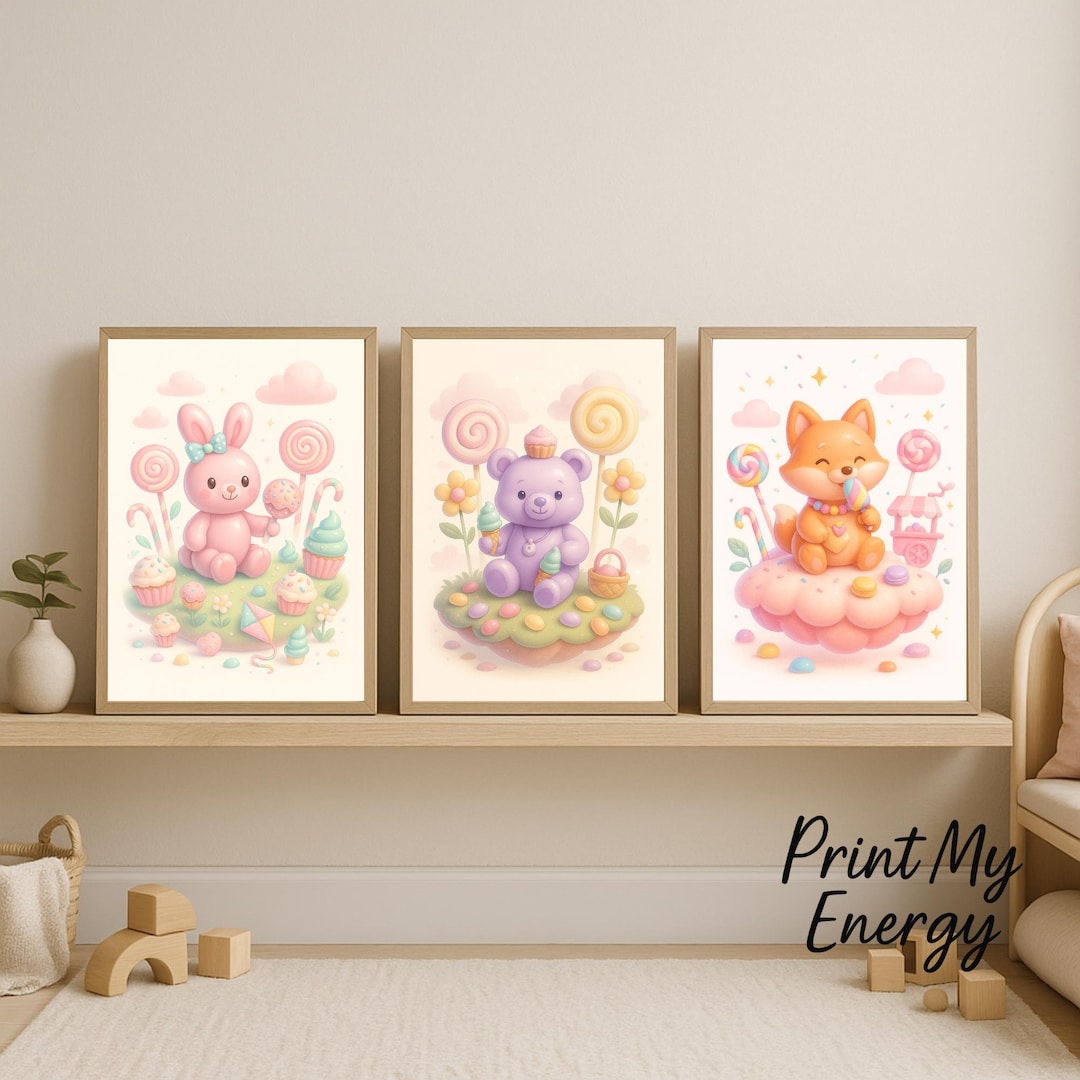 Candyland Animal Wall Art Set – Bunny, Fox & Bear Dessert-themed ...