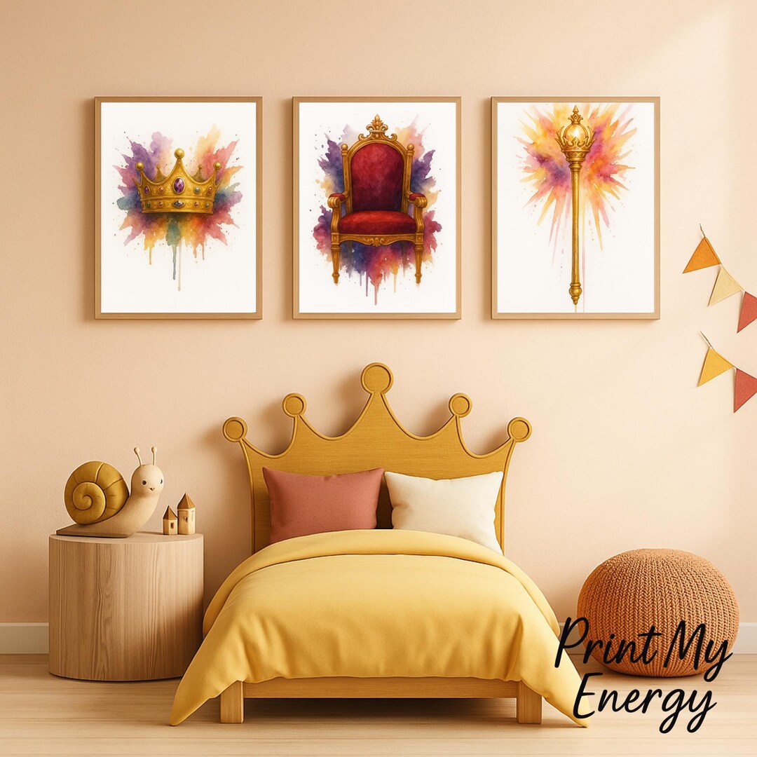 Royal Throne Crown and Scepter Wall Art Set – Regal Watercolor Kingdom ...