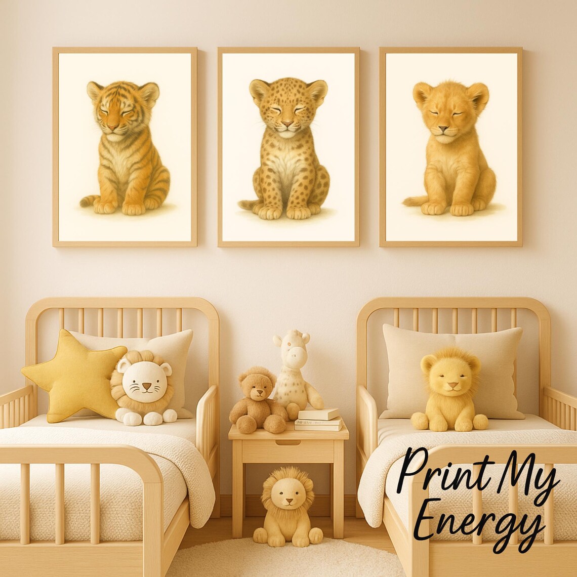 Baby Jungle Cats Wall Art Set – Sleeping Lion, Tiger and Cheetah Cubs ...