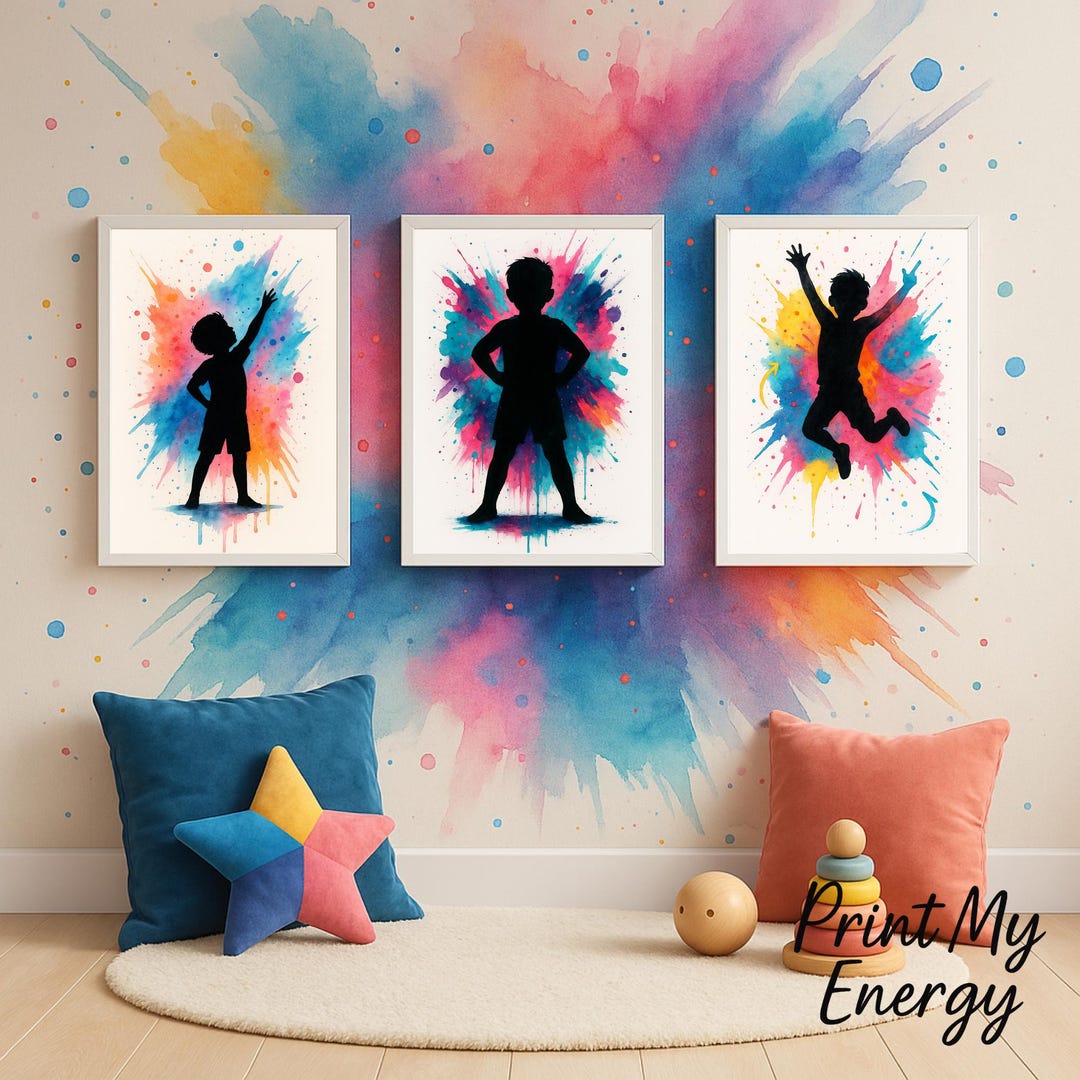 Color Splash Silhouette Boy Wall Art Set – Abstract Watercolor Prints ...