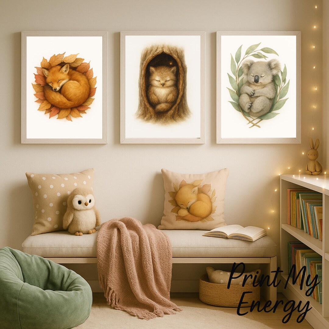 Sleeping Woodland Animals Nursery Wall Art – Cozy Koala, Fox & Kitten ...
