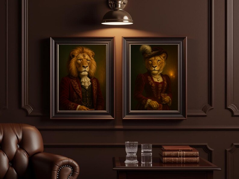 Regal Lion Couple Wall Art – Victorian Aristocratic Animal Portraits ...