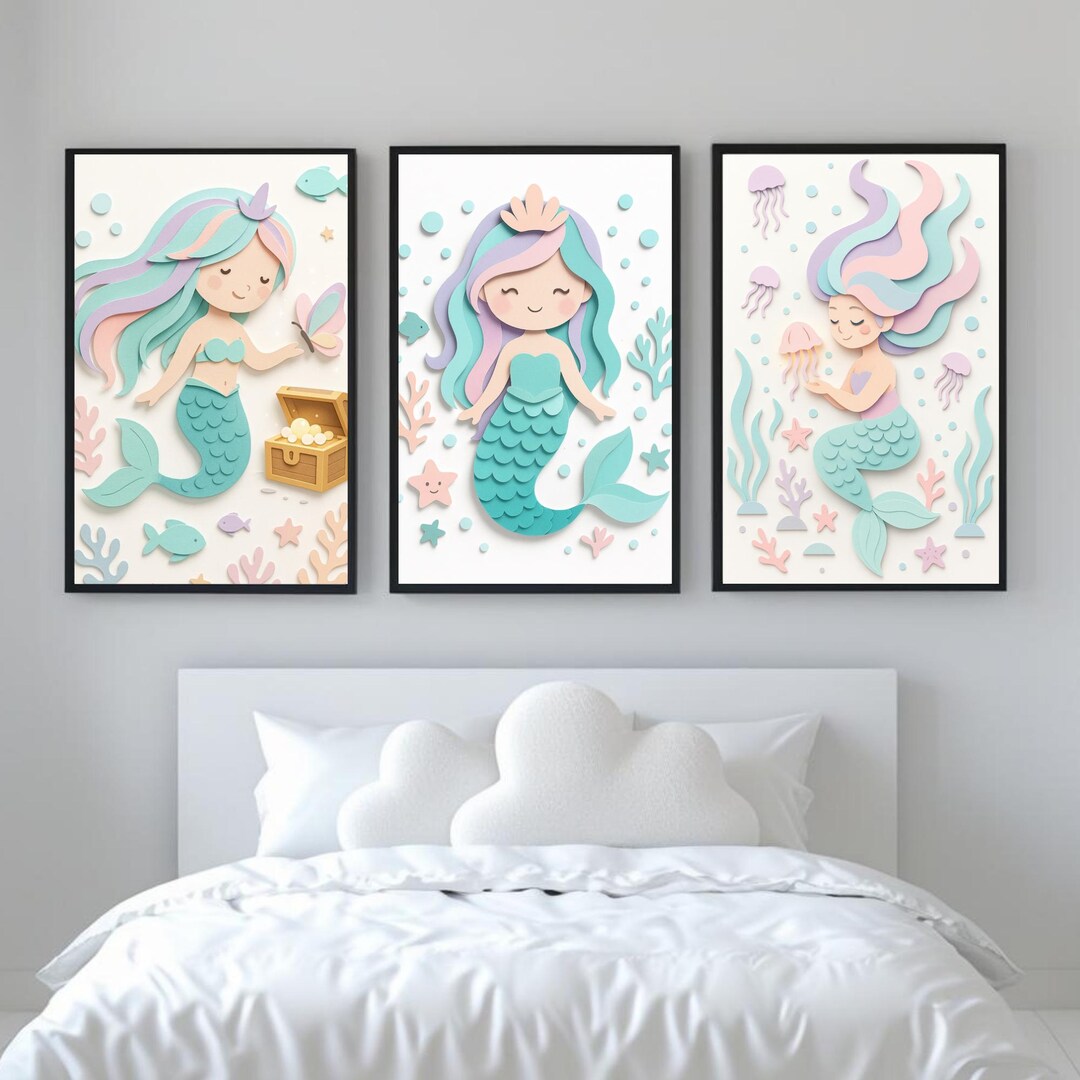 Mermaid Wall Art Set of 3 – Pastel Paper Cut Underwater Nursery Prints ...