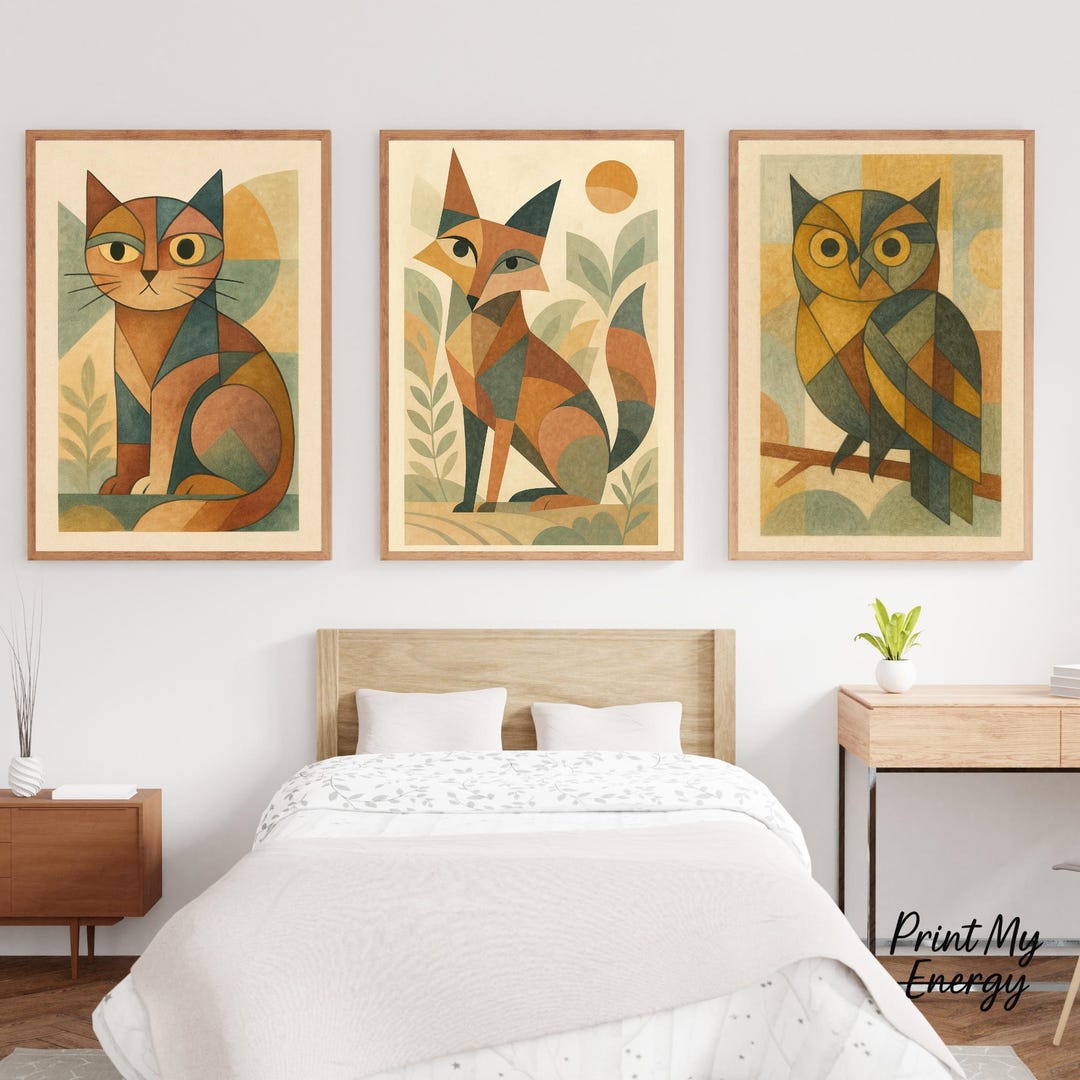 Picasso Style Animal Prints Set of 3 – Cubist Woodland Fox, Owl & Cat ...