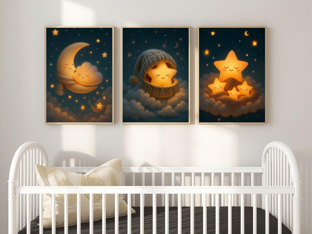 Cozy Star & Moon Night Sky Set of 3 – Glowing Knitted Stars and ...