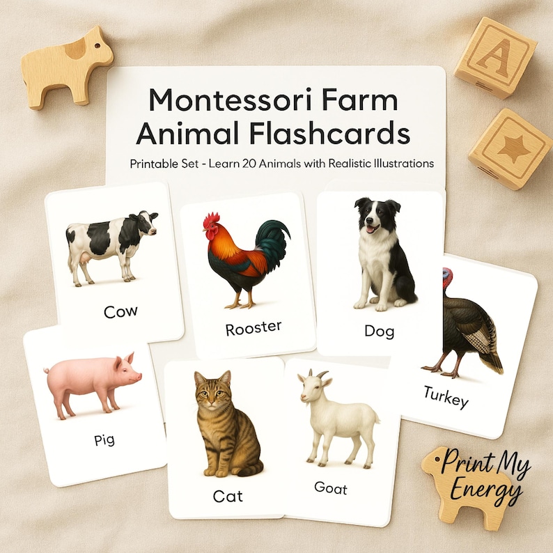 Montessori Farm Animal Flashcards: Realistic Illustrations, , A4 ...