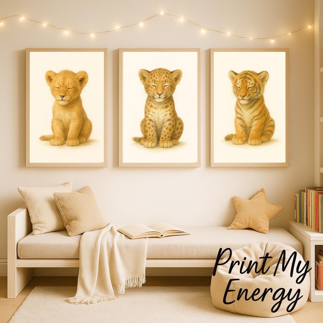 Baby Jungle Cats Wall Art Set – Sleeping Lion, Tiger and Cheetah Cubs ...
