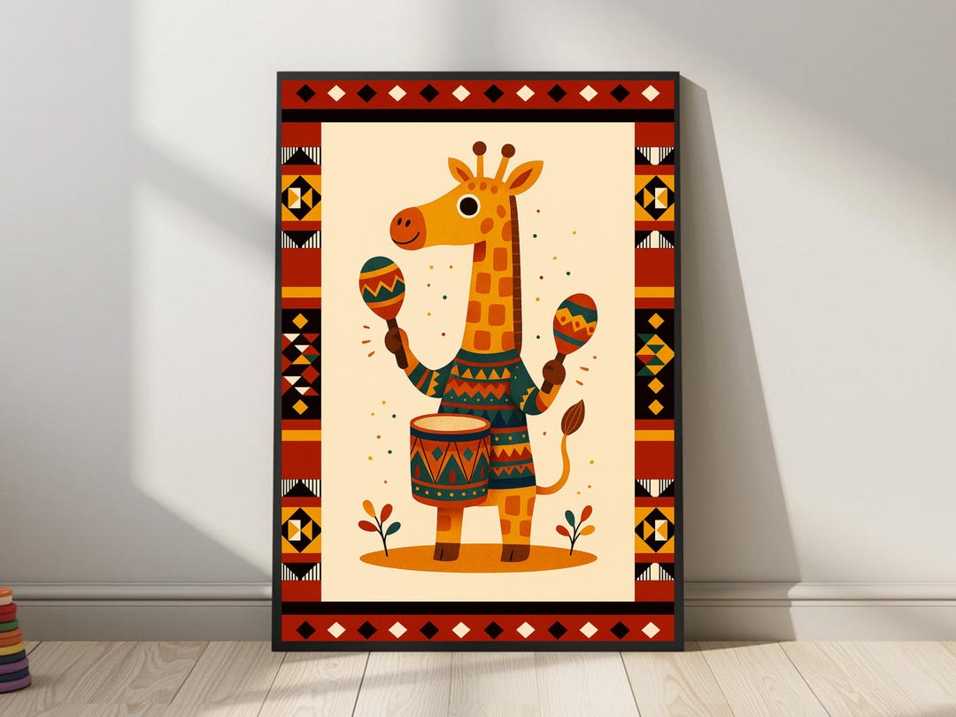 Musical Giraffe Nursery Wall Art – Tribal Drum & Maracas Illustration ...