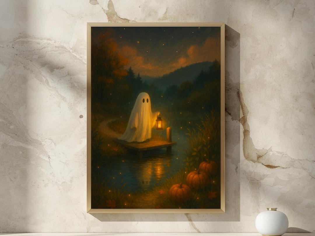 Lantern Ghost at Pumpkin Dock – Vintage Halloween Wall Art, Cozy Dark ...