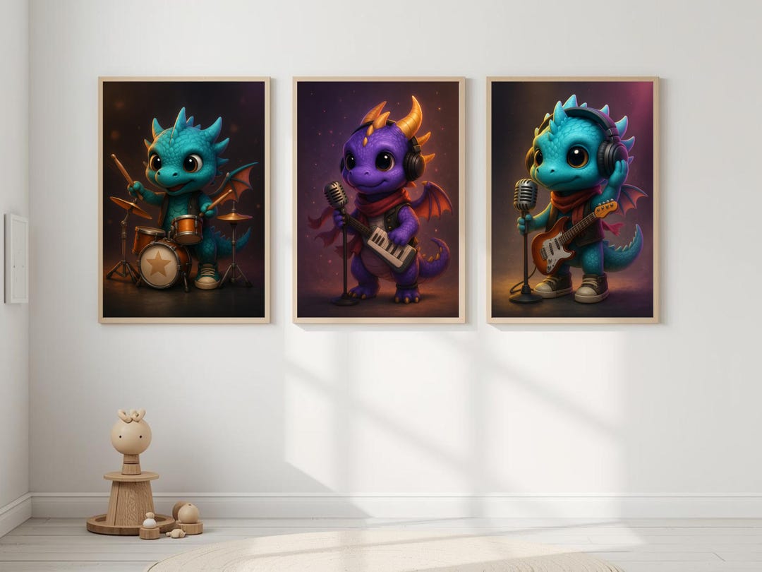 Cute Dragon Band Wall Art – Baby Dragon Musician Trio (singer ...
