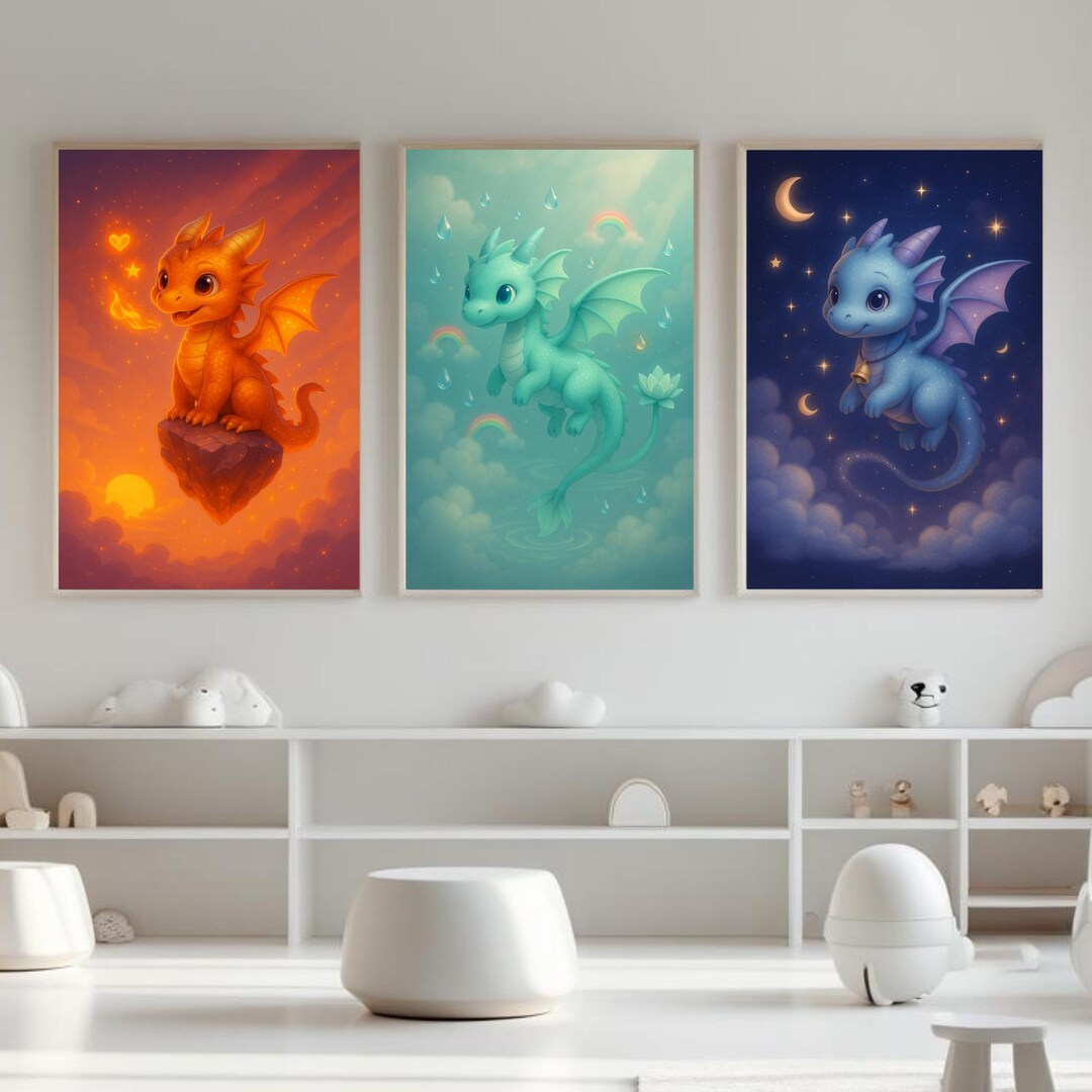 Baby Dragon Prints Set of 3 – Nursery Wall Art, Fantasy Creature Kids ...