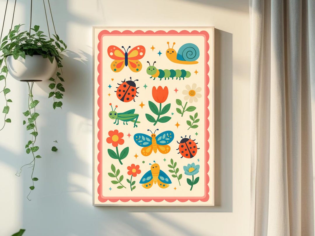 Garden Bugs Wall Art – Cute Butterfly Caterpillar Ladybug Snail and ...