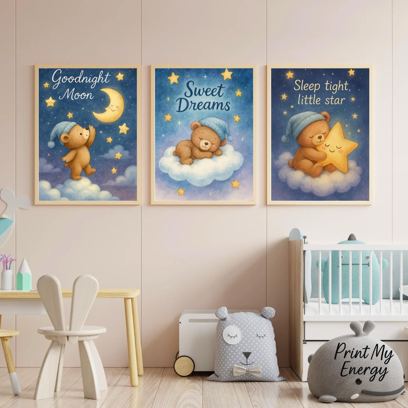 Sweet Dreams Teddy Bear Nursery Wall Art – Goodnight Moon & Little Star ...