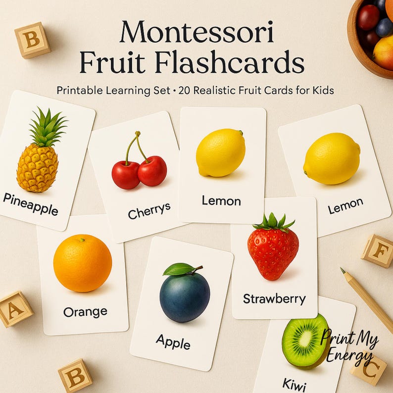 Montessori Fruit Flashcards Printable Set – Realistic A4 Learning Cards ...