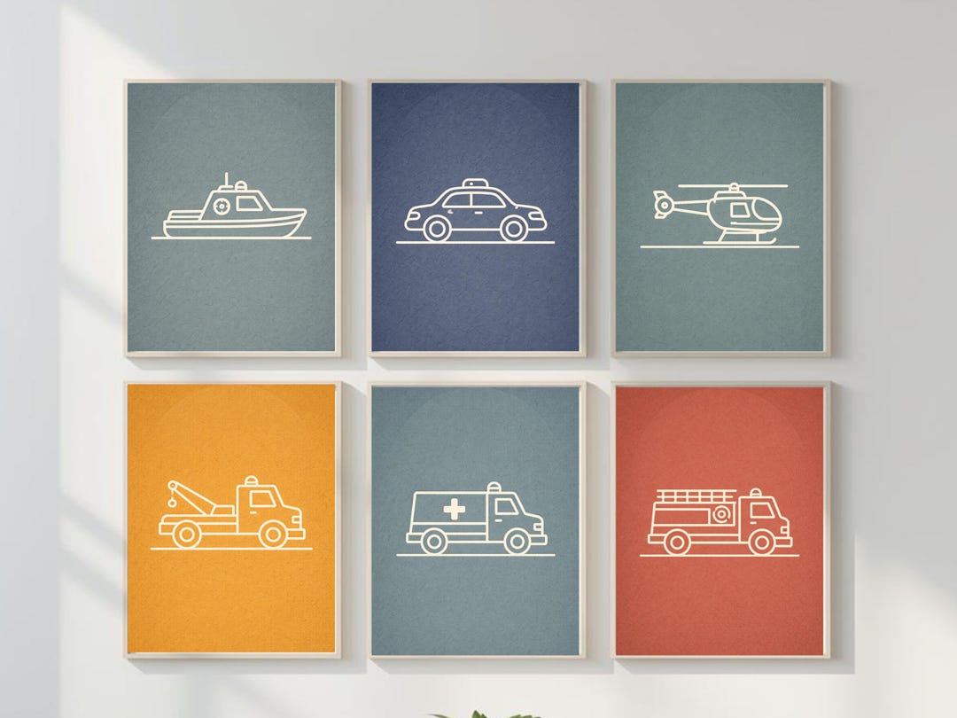 Emergency Vehicles Wall Art Set of 6 – Minimalist Scandinavian Line ...