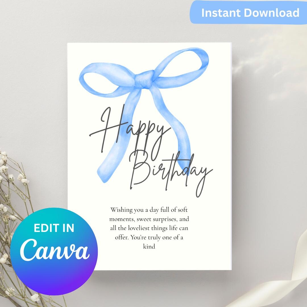 Blue Bow Editable One-page Birthday Card | Template | Printable ...