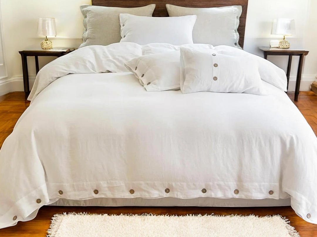 Linen Button Bed Set - Natural Linen Bed Duvet Cover - Large Linen ...