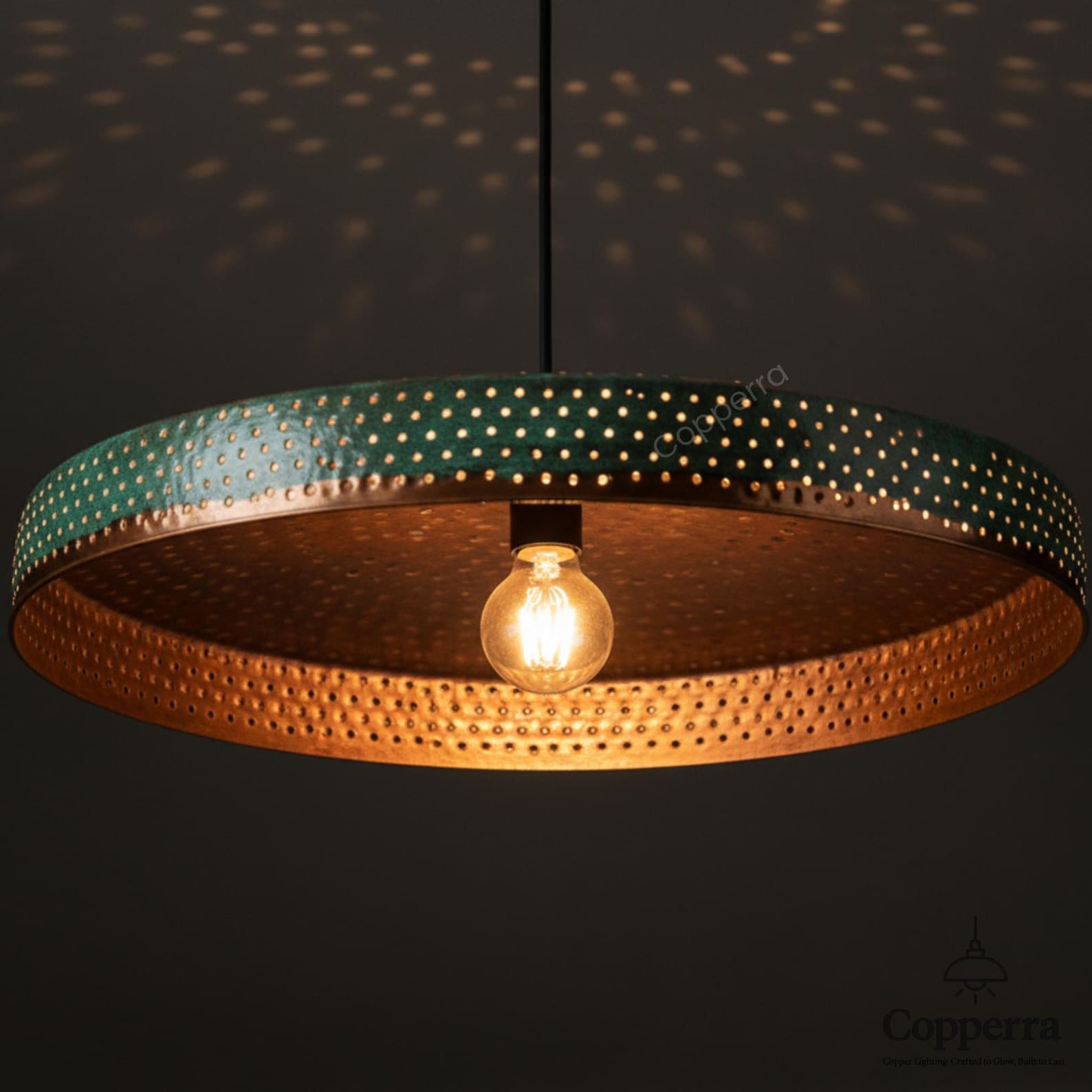 Handmade Verdigris Copper Pendant Light: Perforated Mid-century Modern ...