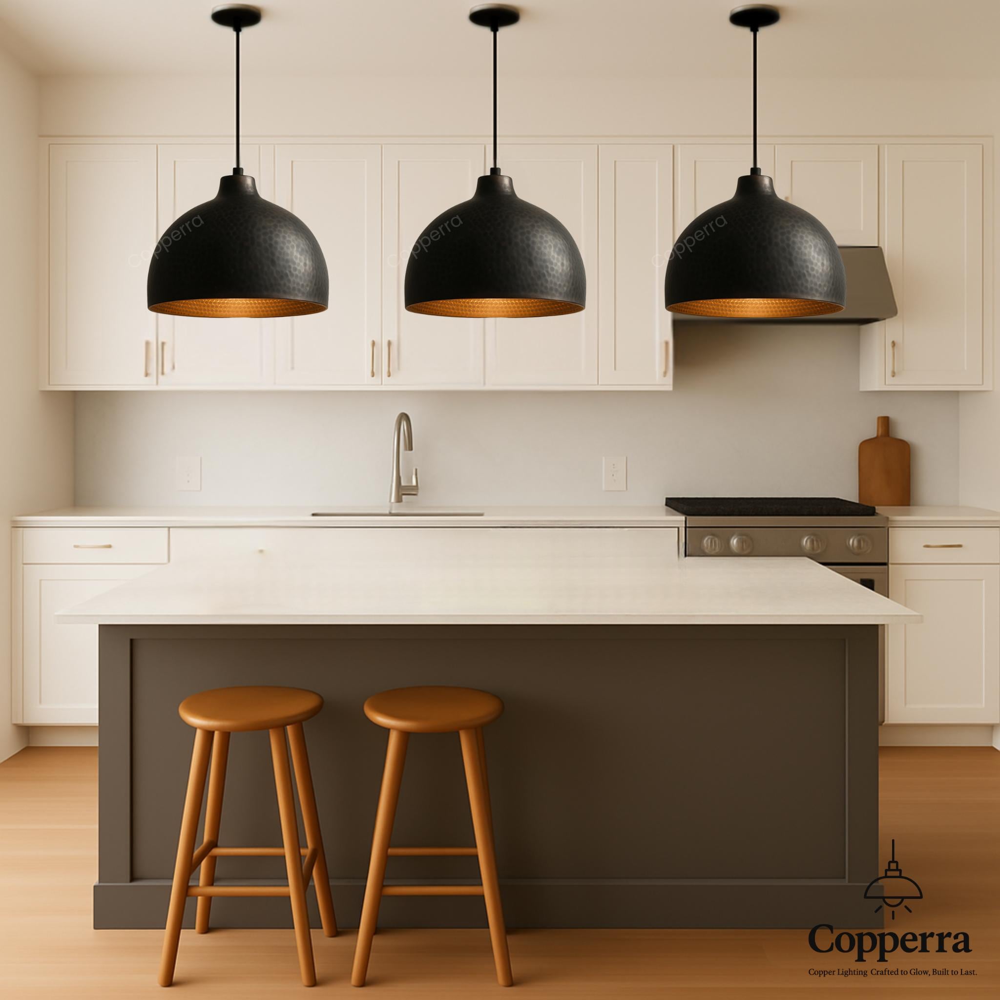 Black Hammered Dome Pendant Light Set: Brass Industrial Farmhouse ...