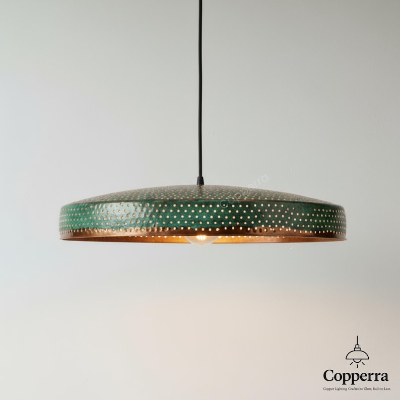 Handmade Verdigris Copper Pendant Light: Perforated Mid-century Modern ...