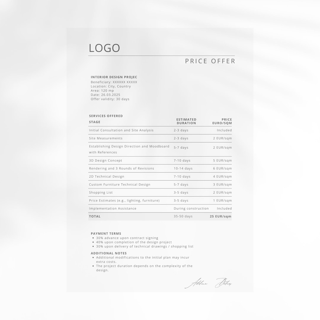 Customizable Interior Design Price Quote Template – Modern and Elegant ...