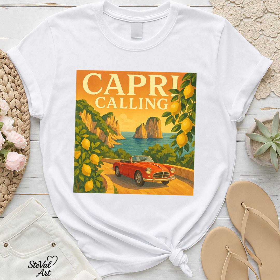 Mediterranean Summer Clothes T-shirt, Capri Calling, Vintage Car Tee, Amalfi Coast Lemons Shirt ...