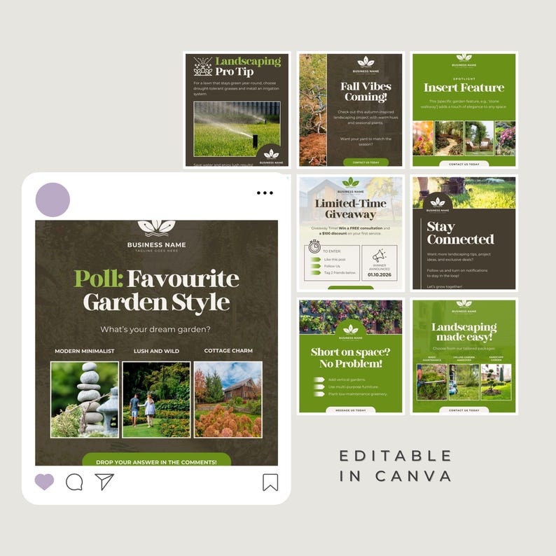 Landscaping Social Media Templates for Canva, Garden & Lawn Care ...