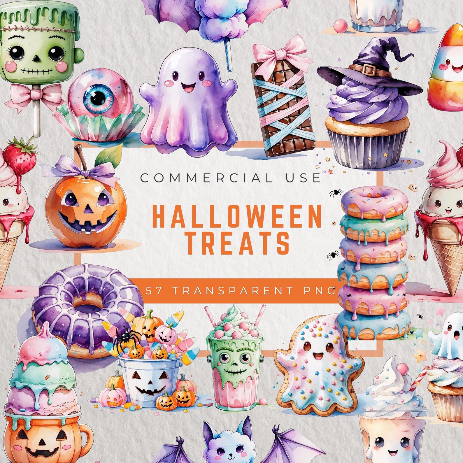 Kawaii Halloween Treats Clipart Bundle: Watercolor Ghost Cookies (PNG ...