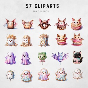 Kawaii Halloween Treats Clipart Bundle: Watercolor Ghost Cookies (PNG ...