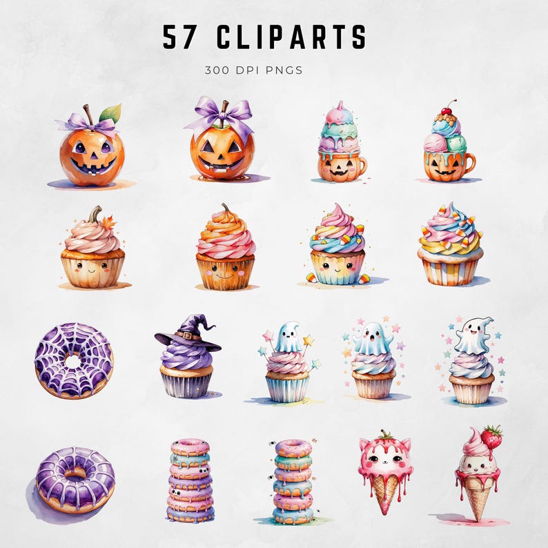 Kawaii Halloween Treats Clipart Bundle: Watercolor Ghost Cookies (PNG ...