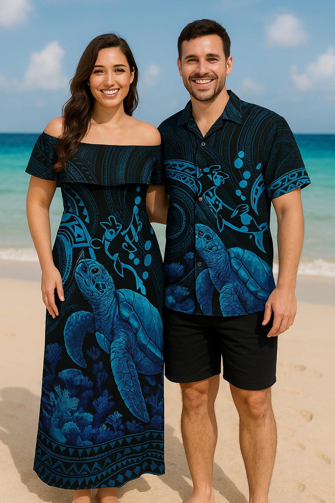 Hawaiian Couples Matching Outfit – Blue Aloha off Shoulder Maxi Dress ...