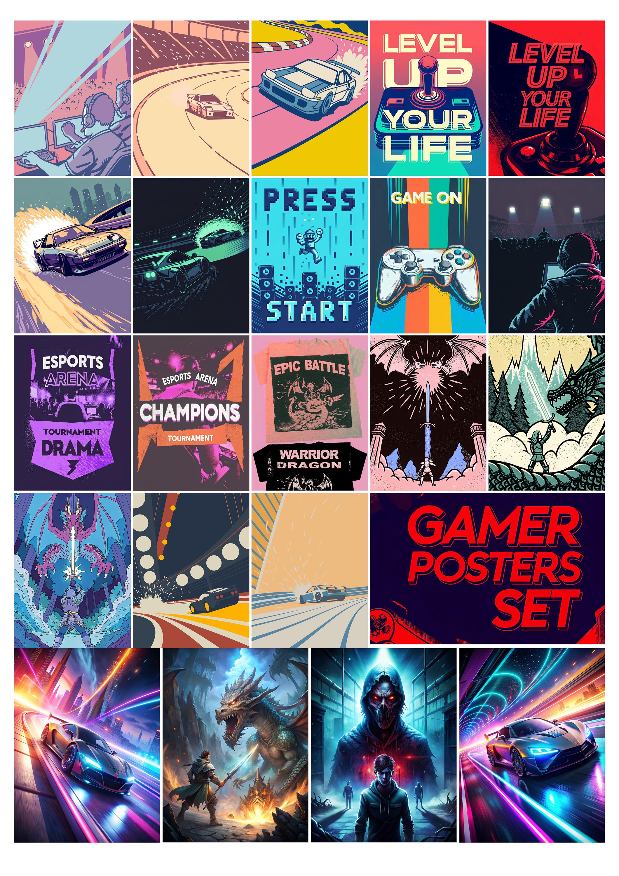 Gamer Posters Set – Gaming Wall Art, Video Game Room Decor, Cyberpunk ...