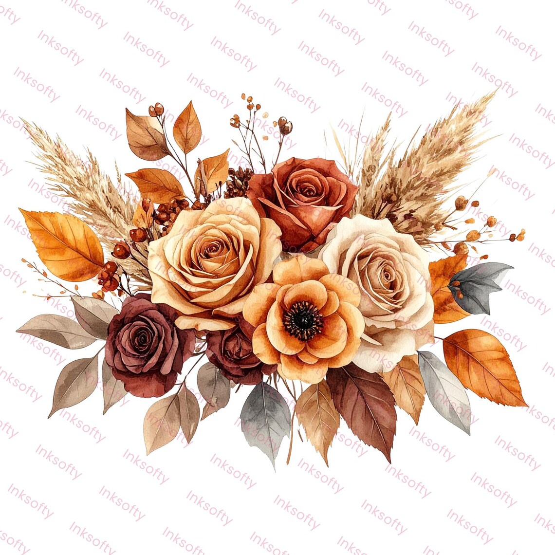 12 Autumn Watercolor Bouquet Clipart, Romantic Floral PNG (digital ...