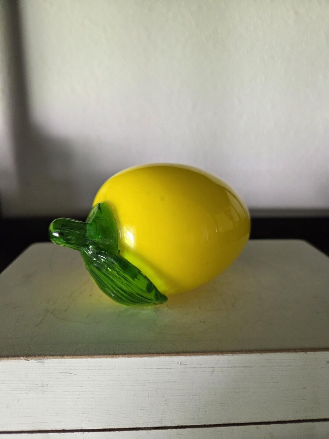 Vintage Hand-blown Art Glass Lemon Figurine With Green Leaf, 3.5" Fruit ...